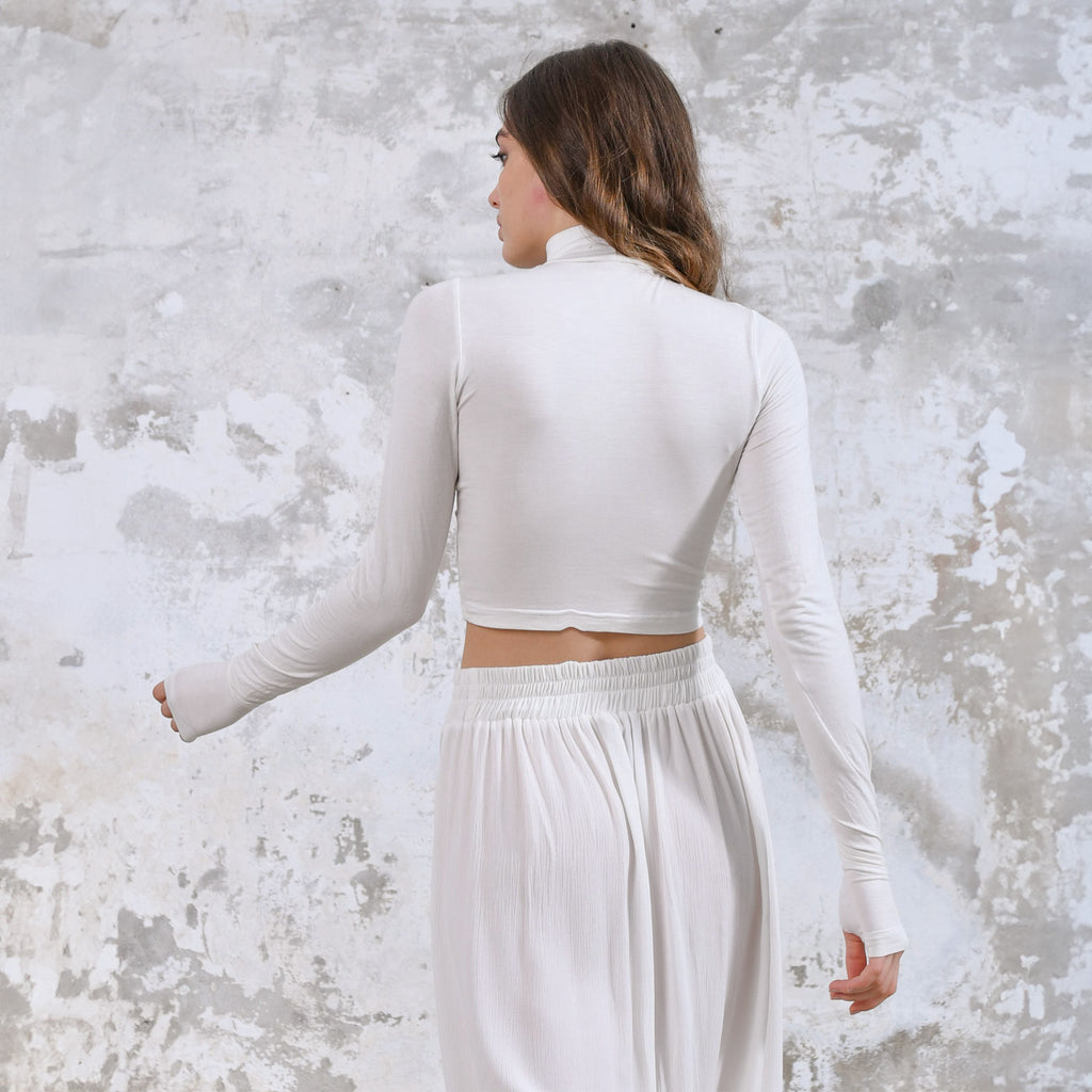 White Long Sleeve Boho Cropped Top • Boho Thumbholes Crop Top • White ...